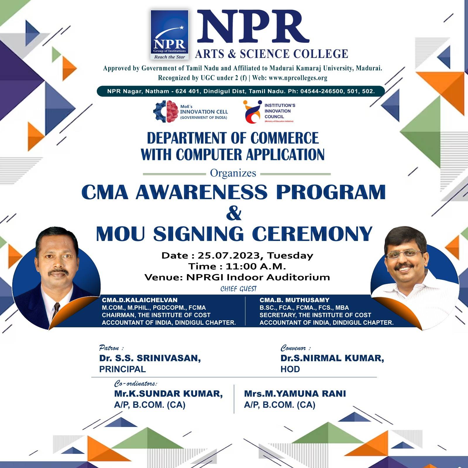 CMA Awareness Program & MoU Signing Ceremony – NPR Arts and Science College