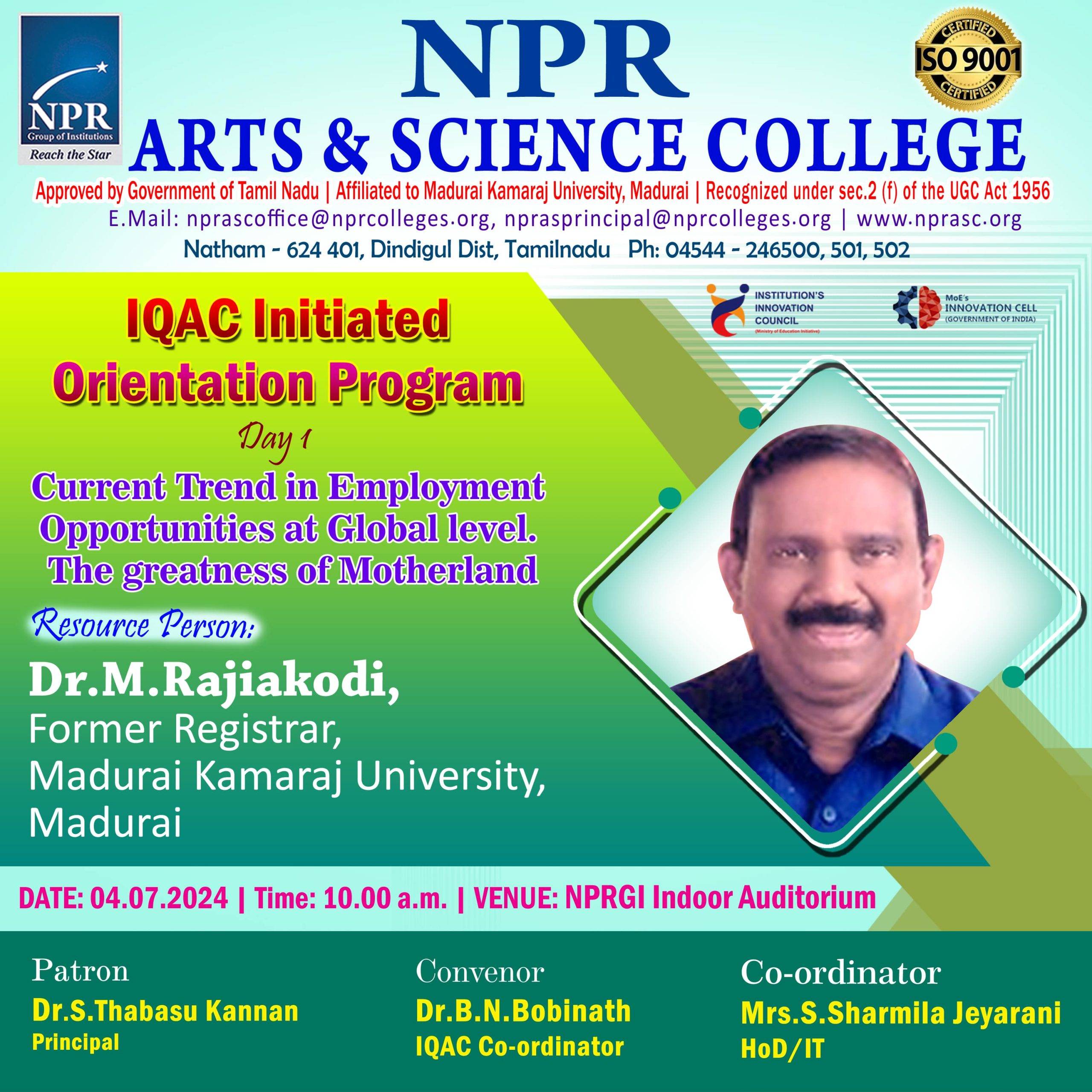 Day -1 | Orientation Program | NPRASC - NPR Arts and Science College