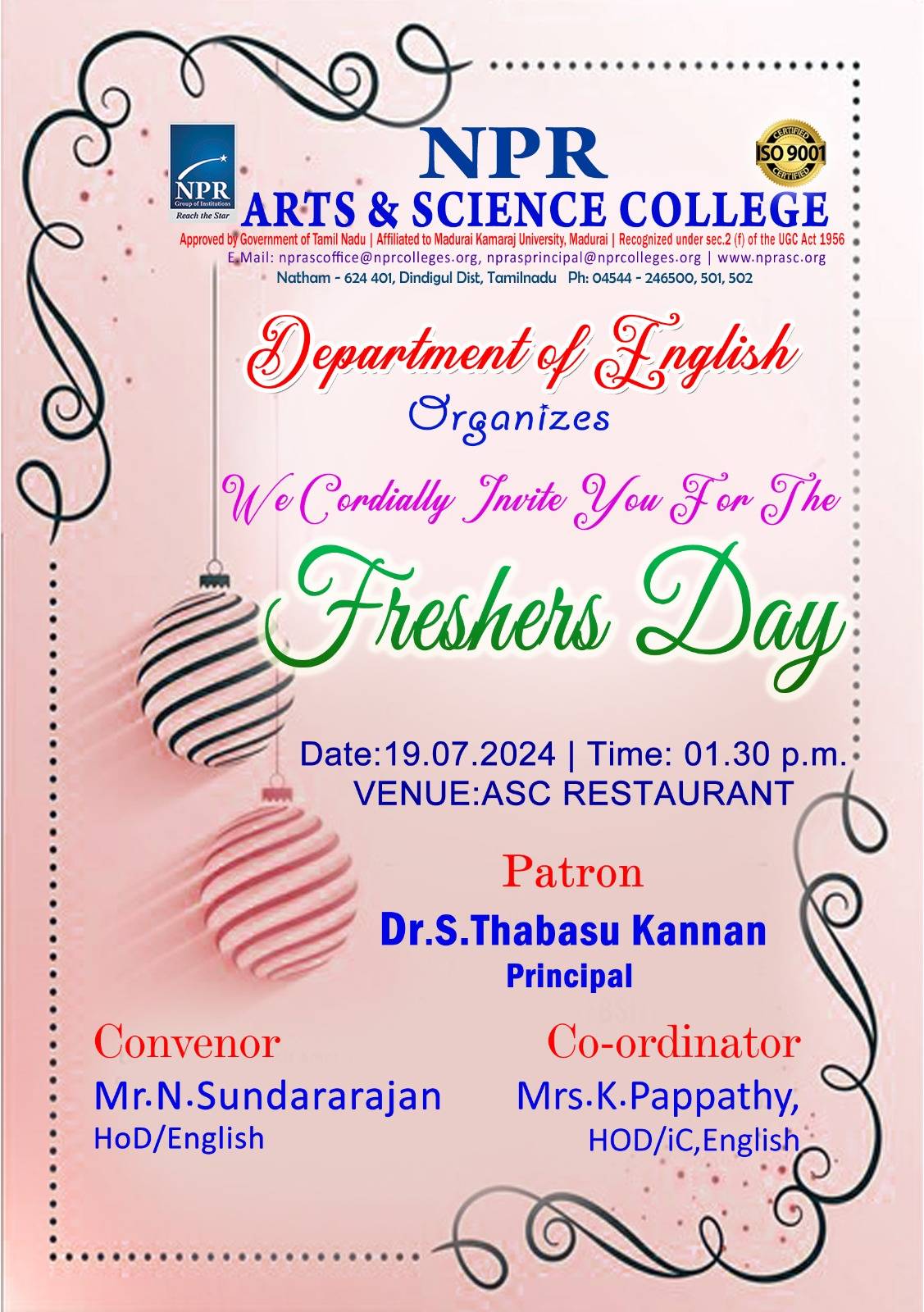 Freshers Day Celebrations - NPR Arts and Science College
