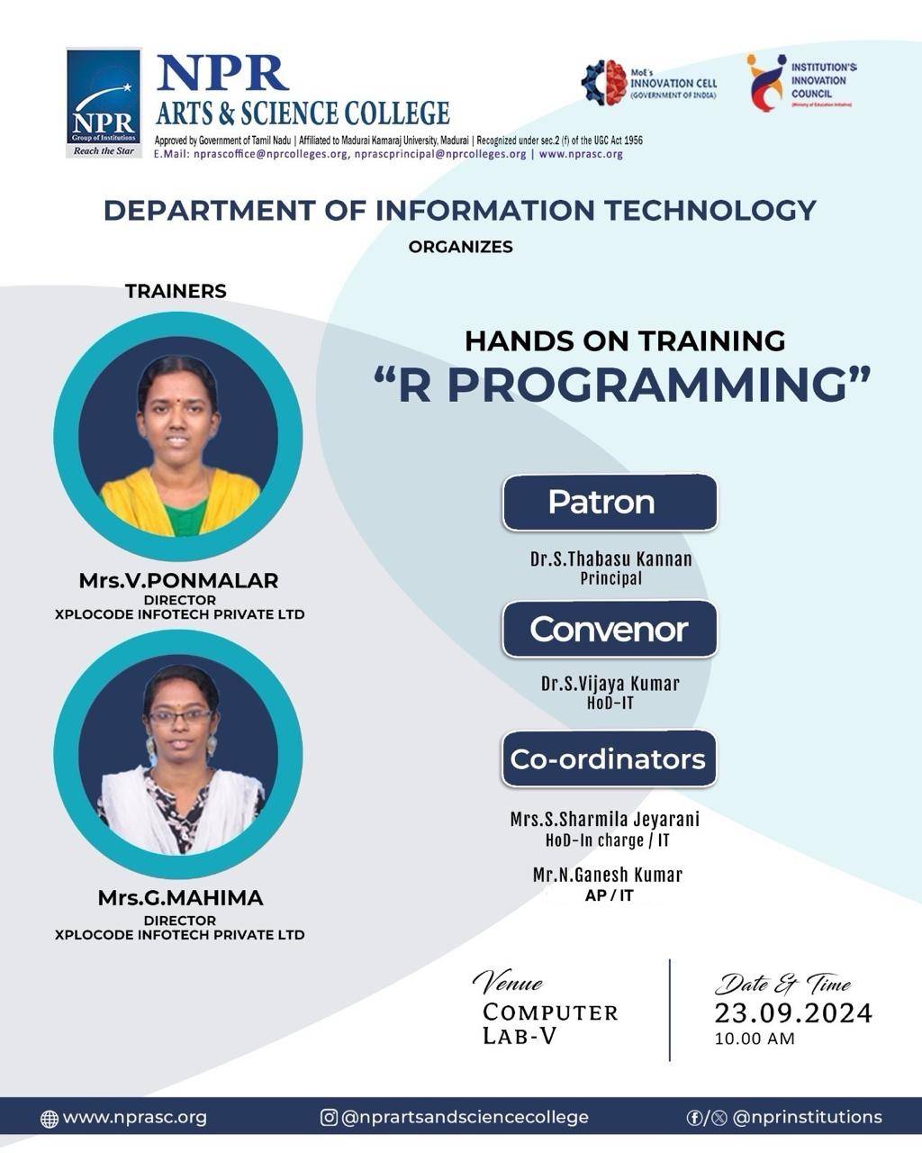 Hands-on Training on R Programming - NPR Arts and Science College