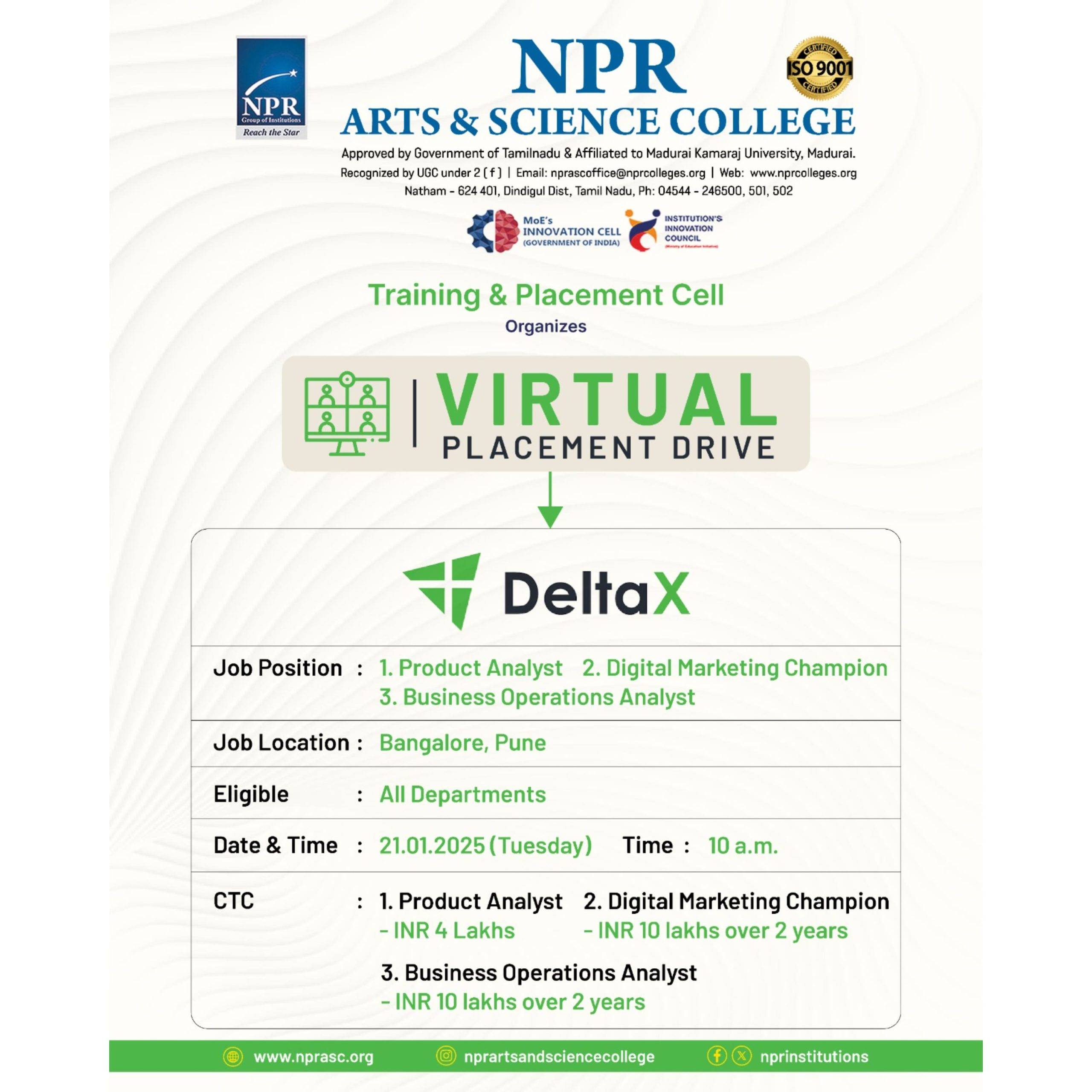 Virtual Placement Drive – DeltaX - NPR Arts and Science College